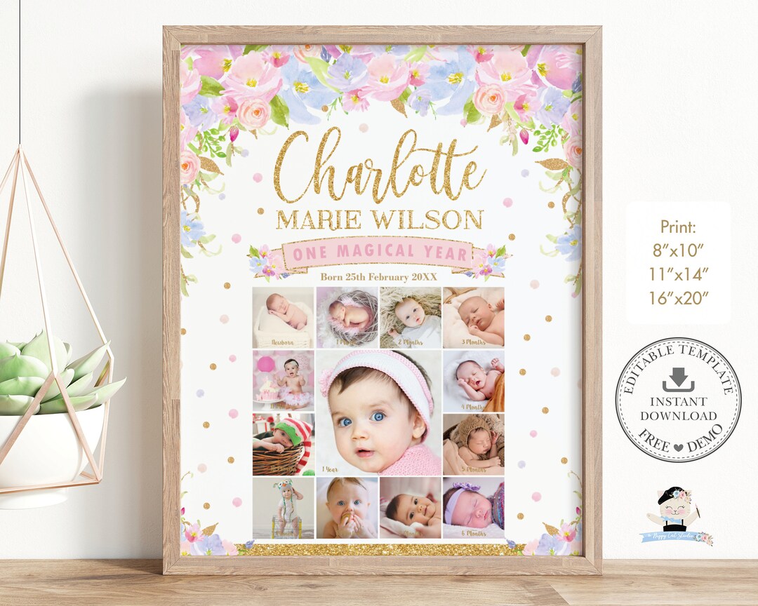 Sweet Pink Blue Floral First Year Photo Collage, EDITABLE TEMPLATE ...