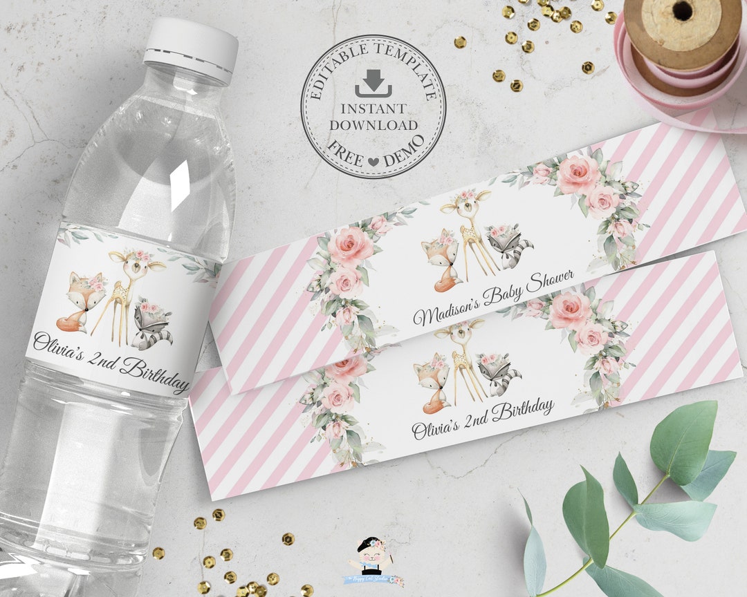 Woodland Animals Water Bottle Labels, EDITABLE TEMPLATE, Pink Floral ...