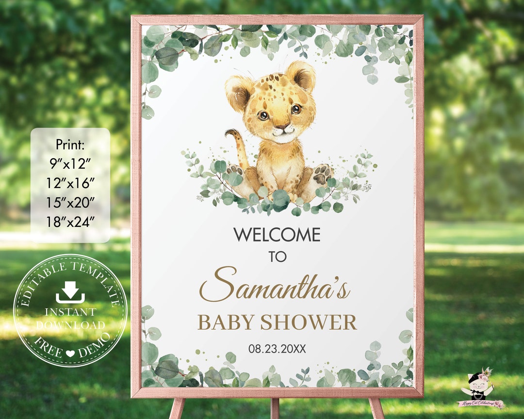 Lion Cub Greenery Welcome Sign, EDITABLE TEMPLATE, Chic Cute Jungle ...
