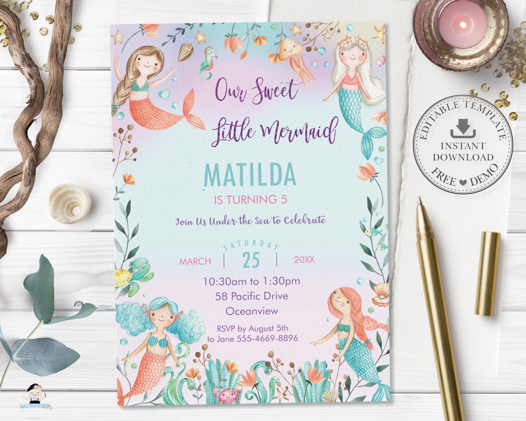 Mermaid Invitation, Mermaids Pool Party Invite, EDITABLE TEMPLATE ...