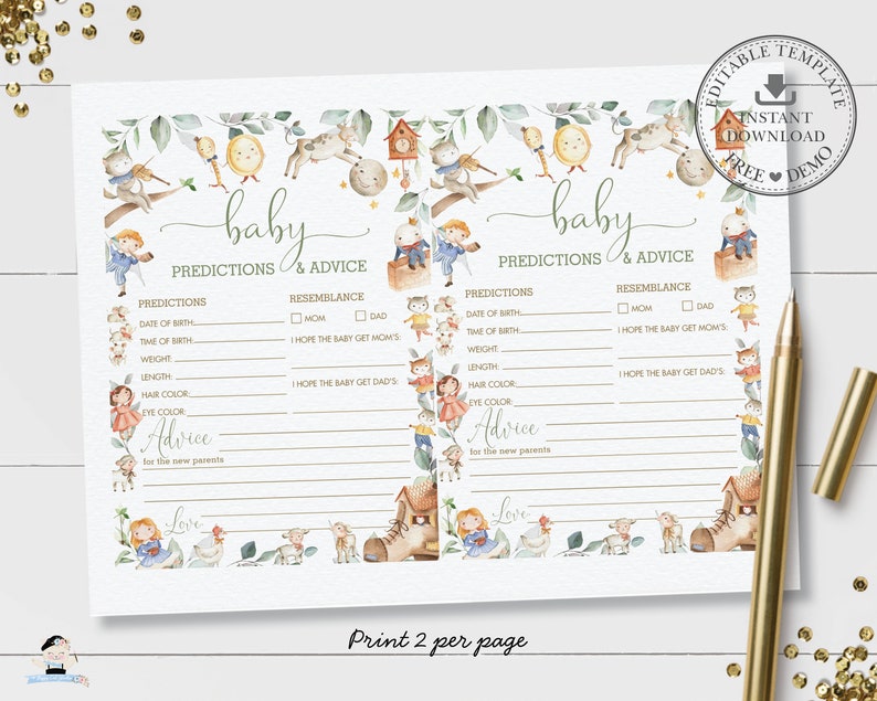 EDITABLE TEMPLATE, Baby Predictions and Advice Card, Nursery Rhyme ...