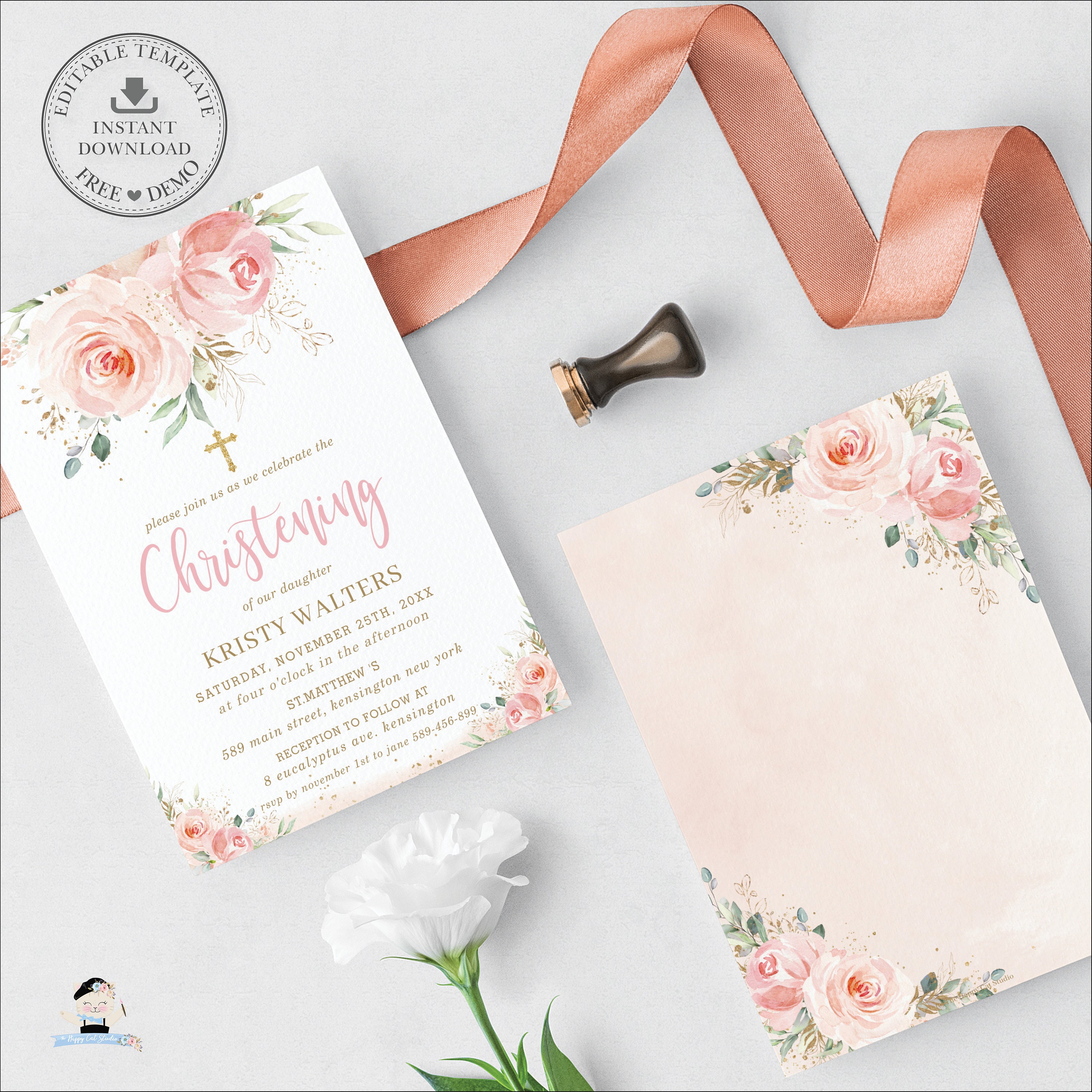 Blush Pink Floral Christening Invitation Printable, EDITABLE TEMPLATE ...