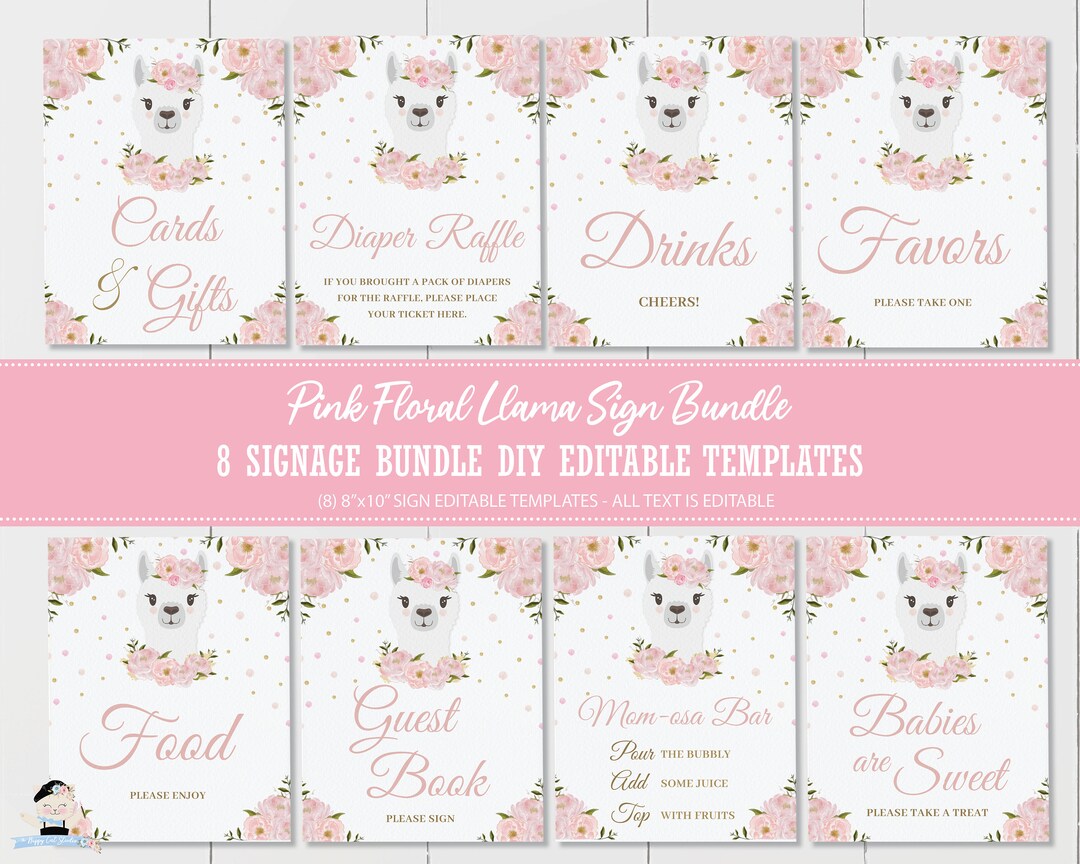 Chic Llama Blush Pink Floral Tabletop Sign Bundle, EDITABLE TEMPLATE ...
