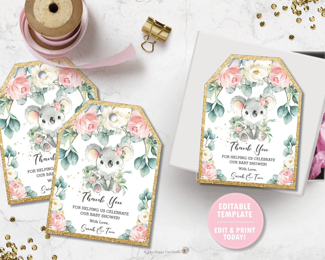 EDITABLE TEMPLATE Koala Thank You Tags, Favors, Blush Pink Floral ...