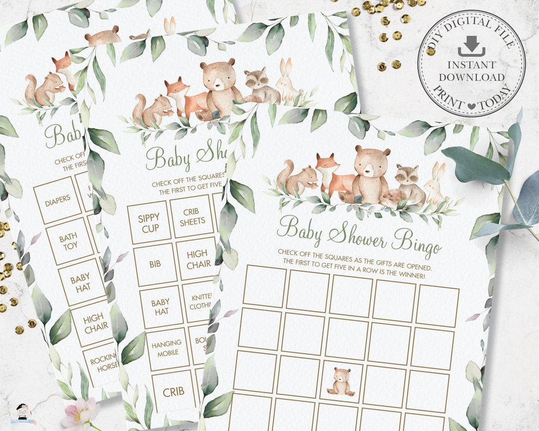 Woodland Animals Baby Bingo Printable, INSTANT DOWNLOAD, Pre-filled ...