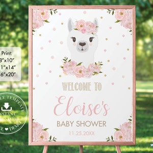 Chic Blush Pink Floral Llama Welcome Sign, EDITABLE TEMPLATE, Girl Baby ...