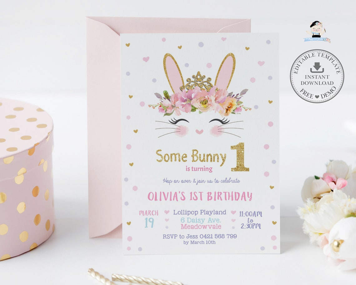 EDITABLE TEMPLATE, Cute Bunny Rabbit Invitation, Soft Floral Gold ...