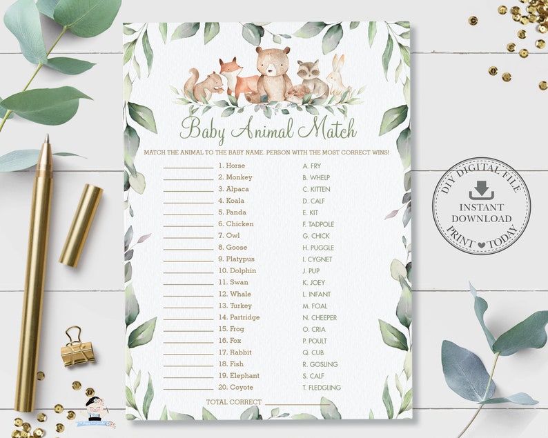 Baby Animal Match Game INSTANT DOWNLOAD Greenery Woodland - Etsy