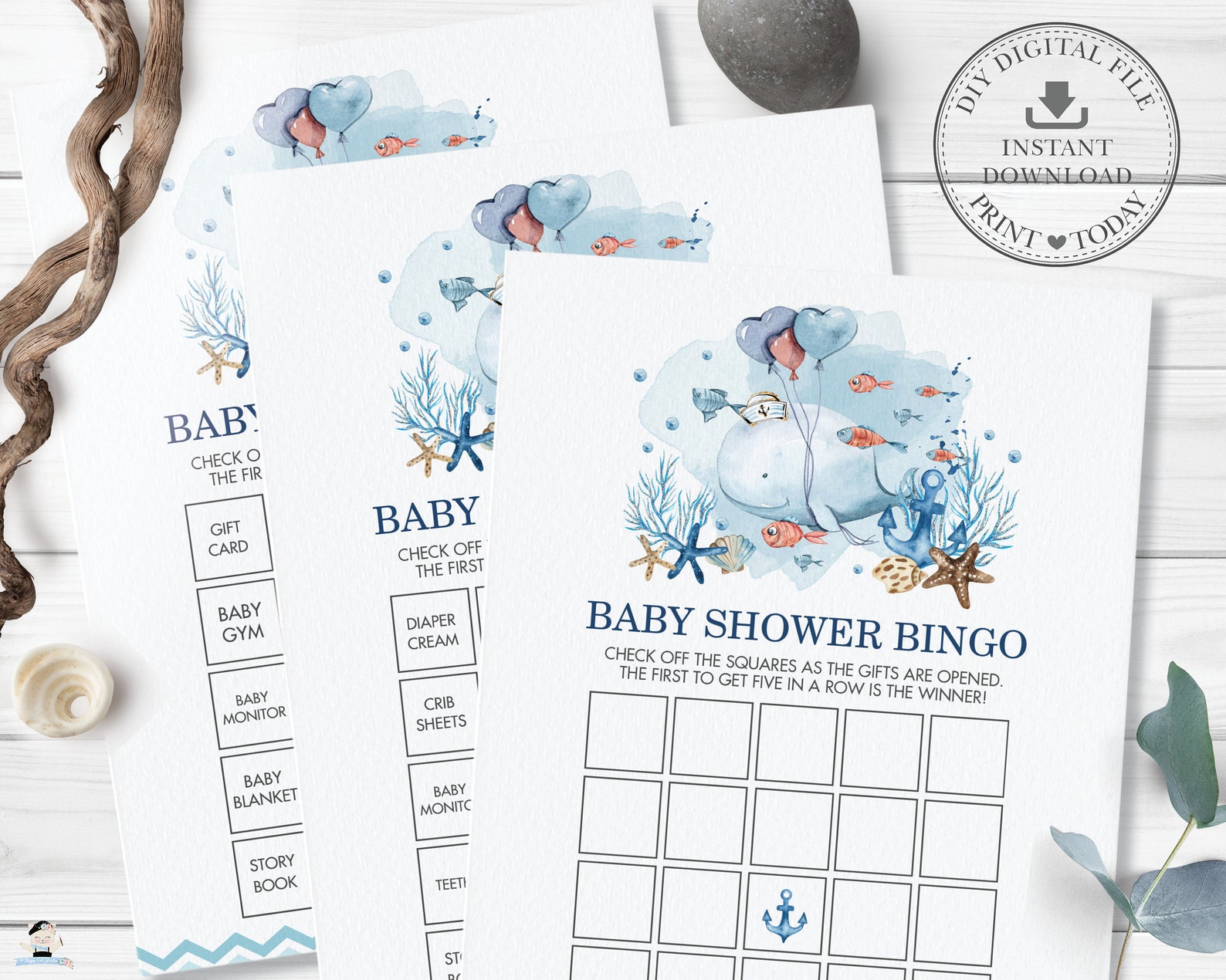 Nautical Whale Baby Shower Game Bundle INSTANT DOWNLOAD Bingo Advice ...