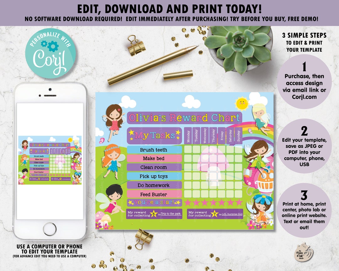 EDITABLE Template, Fairy Reward Chart, Fairy Digital Printable, Chore ...