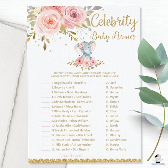 Celebrity Baby Names Game, INSTANT DOWNLOAD, Chic Gold Blush Pink ...