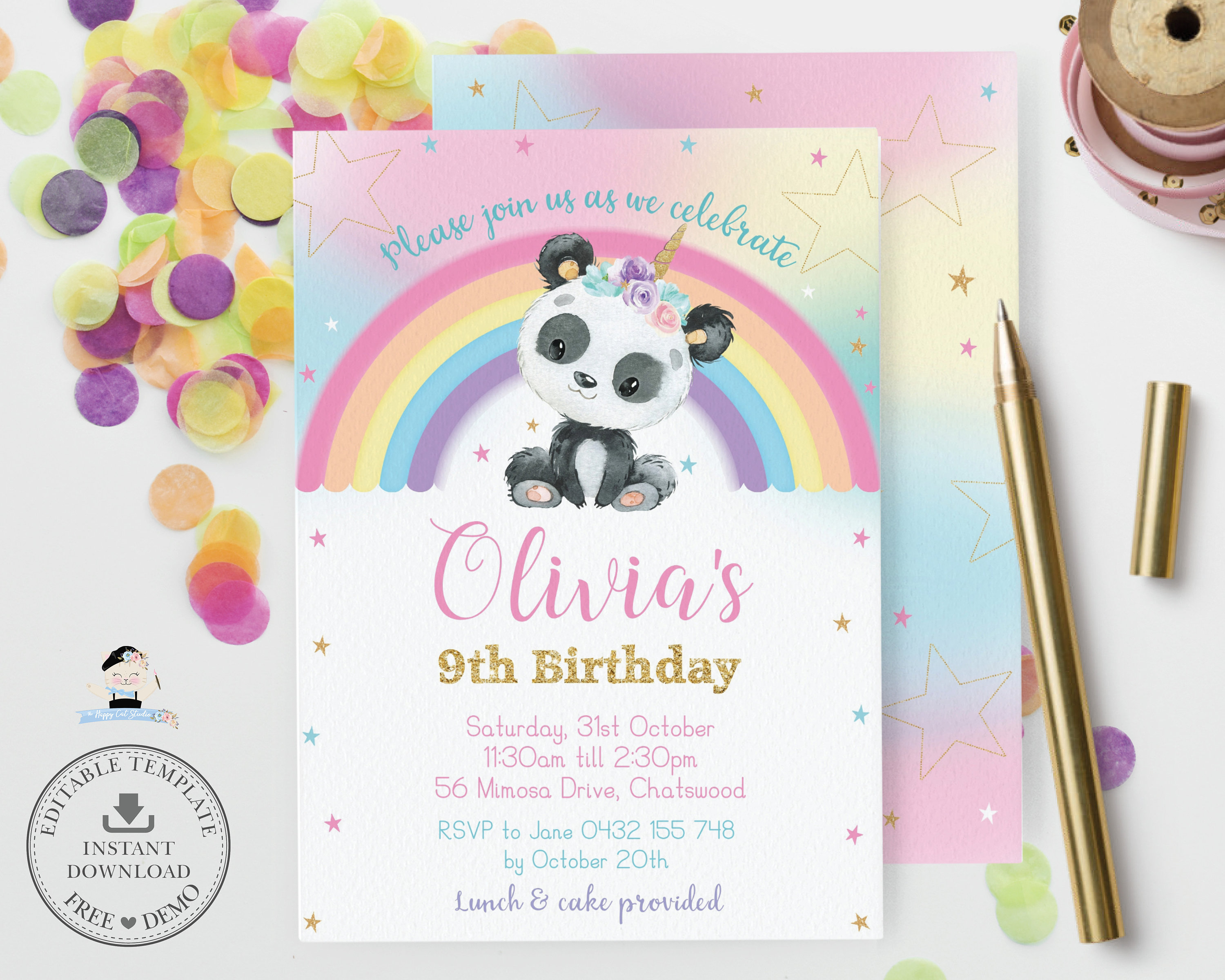 Panda Invitation EDITABLE TEMPLATE Cute Pandacorn Rainbow - Etsy