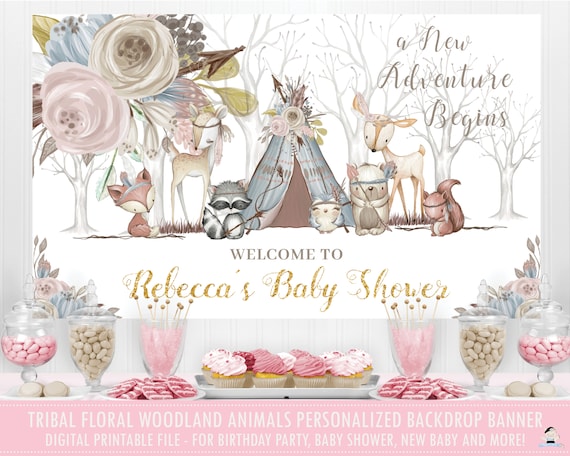 Tribal Woodland Animals Backdrop Banner, Chic Pastel Pink Blue Floral ...