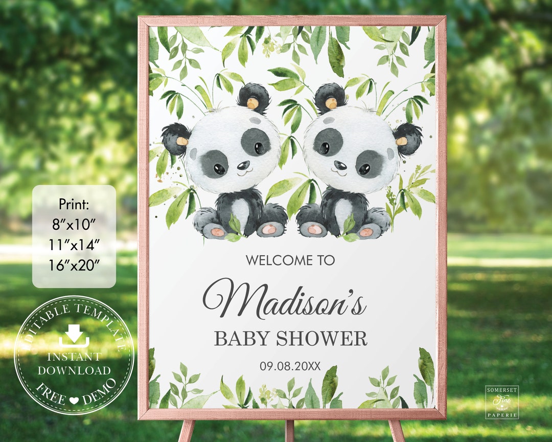EDITABLE Twins Pandas Welcome Sign Bamboo Greenery Cute Panda Bears ...