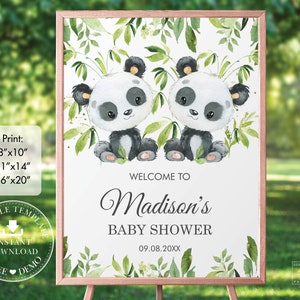 EDITABLE Twins Pandas Welcome Sign Bamboo Greenery Cute Panda Bears ...
