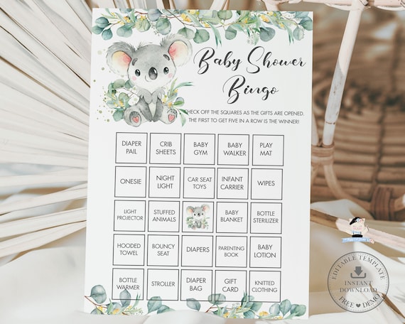 EDITABLE TEMPLATE, Cute Koala Eucalyptus Greenery Baby Shower Bingo ...