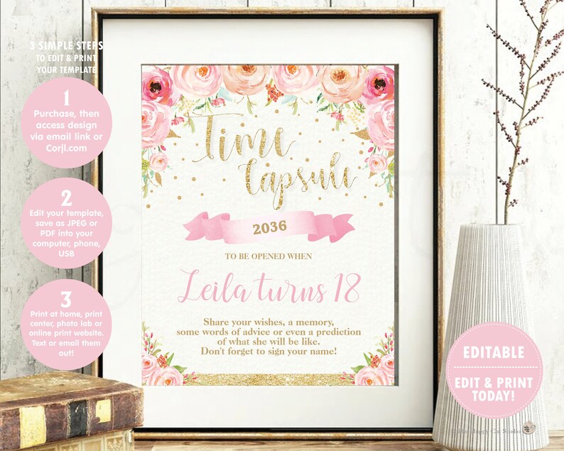 EDITABLE Pink Floral Time Capsule Sign, Message Card, 1st Birthday ...
