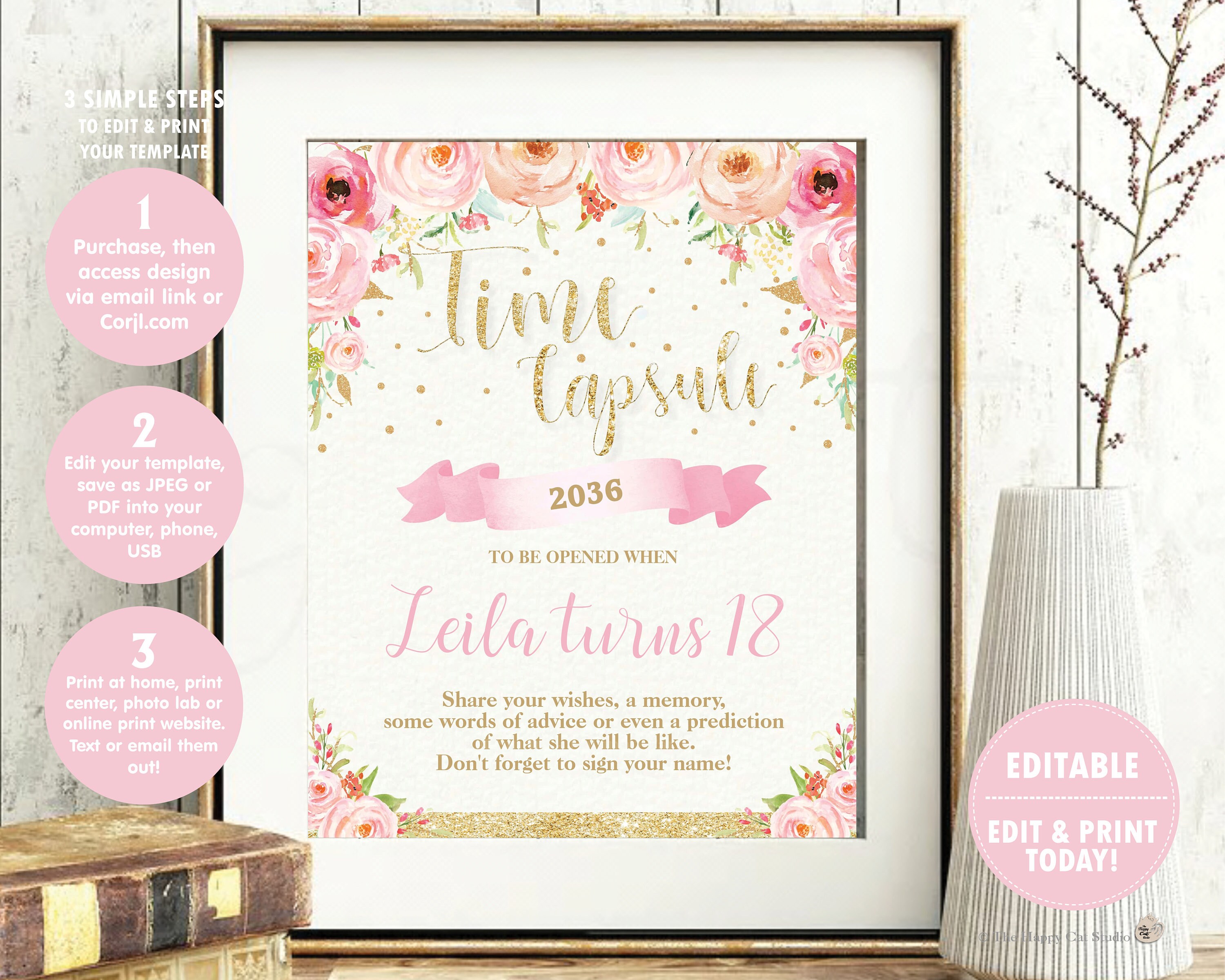 EDITABLE Pink Floral Time Capsule Sign, Message Card, 1st Birthday ...
