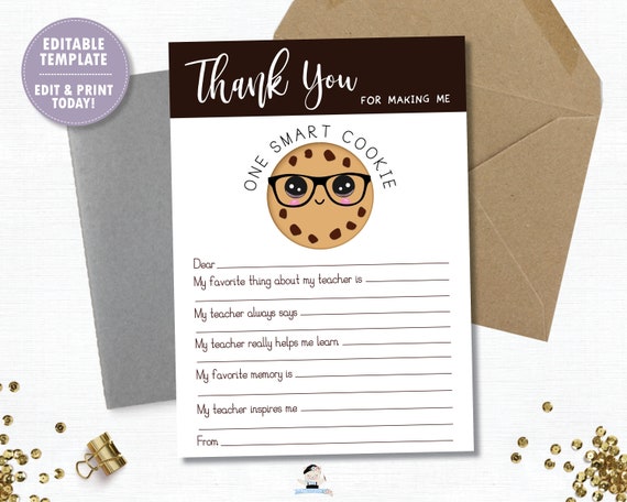 Smart Cookie Teacher Thank You Letter, INSTANT DOWNLOAD, Teacher ...