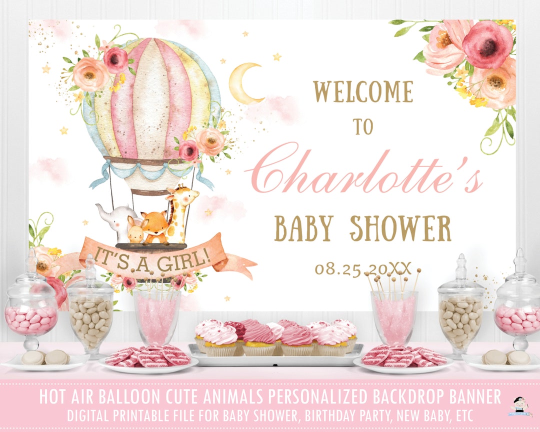 Hot Air Balloon Cute Animals Backdrop Banner, Twins Girl Baby Shower ...