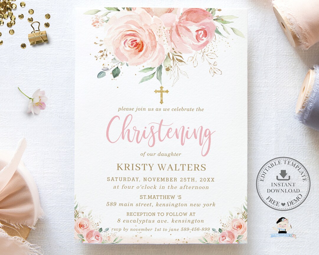 Blush Pink Floral Christening Invitation Printable, EDITABLE TEMPLATE ...