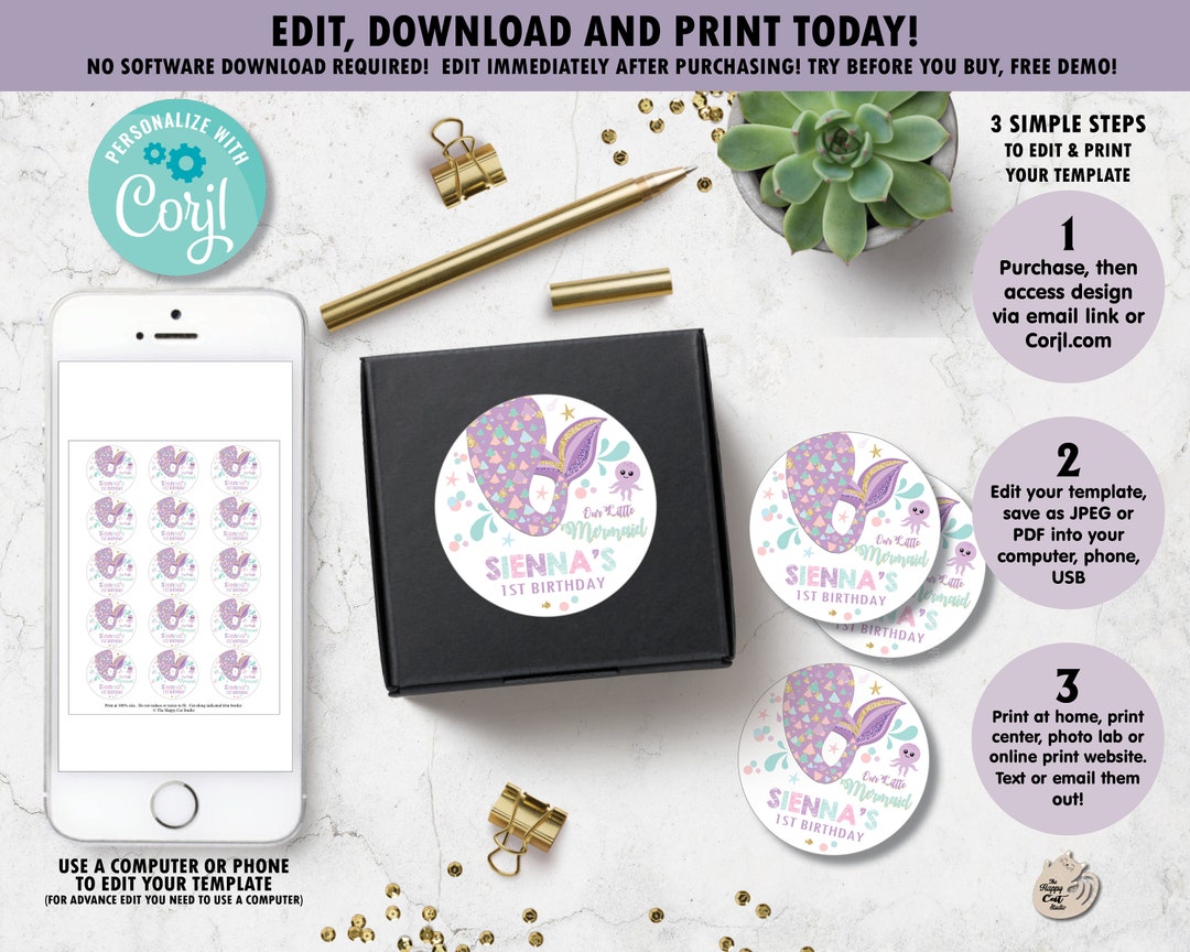 EDITABLE TEMPLATE Mermaid, Printable Mermaid 2" Round Cupcake Toppers ...