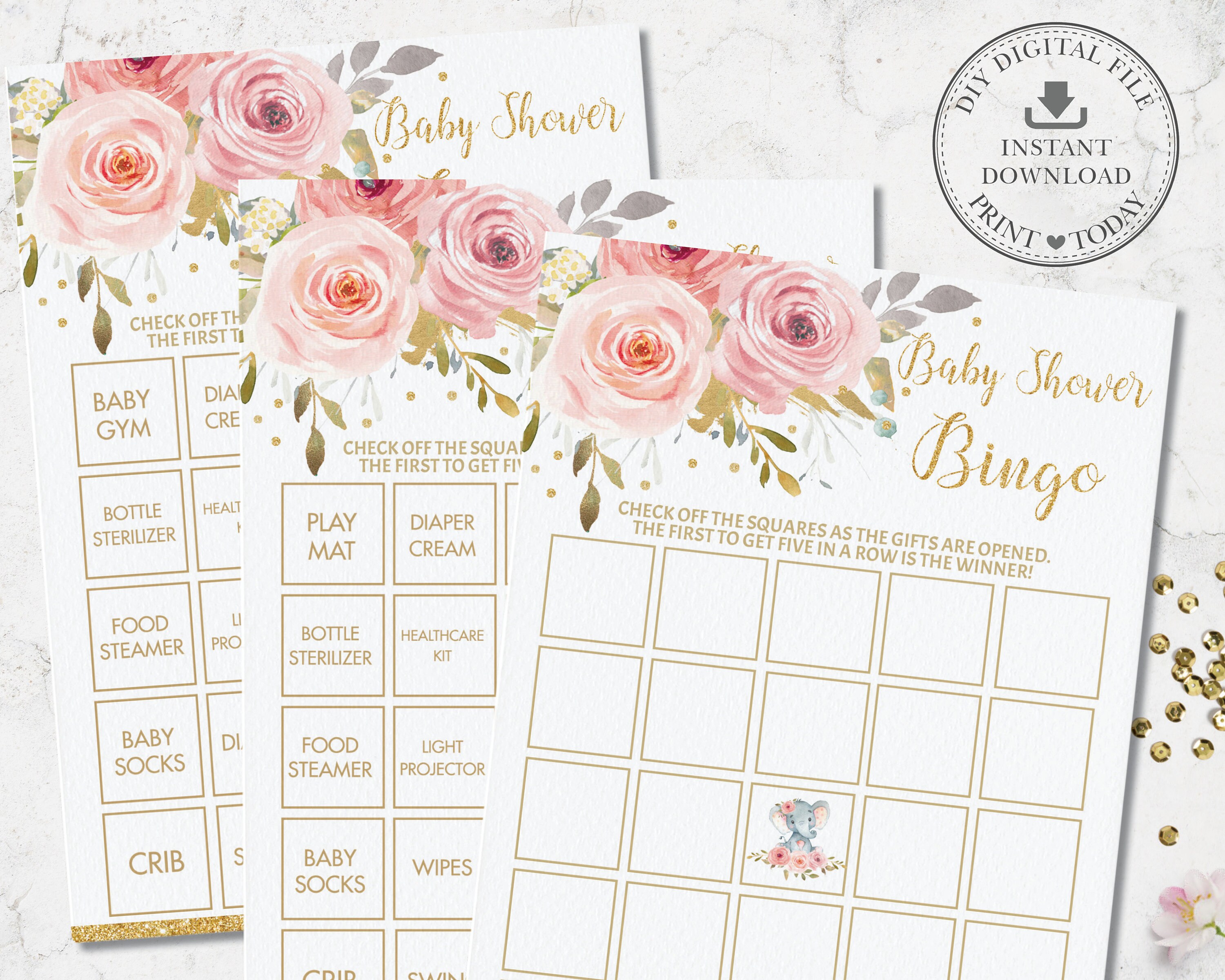 Elephant Baby Shower Bingo Game Pre-filled and Blank Cards | Etsy