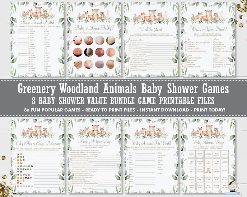 Woodland Animals Greenery Baby Shower Game Bundle 8 GAMES - Etsy