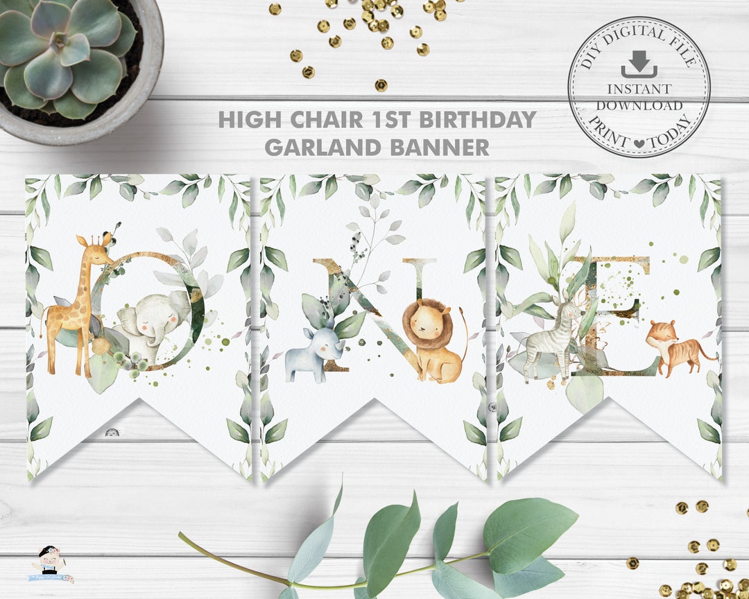 Greenery Jungle Animals 1st Birthday High Chair Banner, One Garland ...