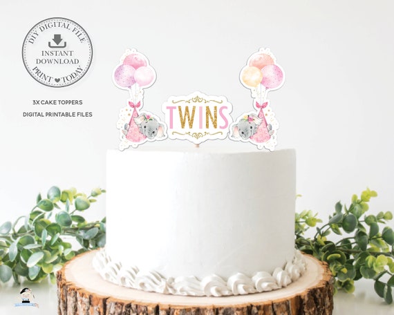 Twins Baby Elephant Cake Toppers, INSTANT DOWNLOAD, Cute Twin Girls ...