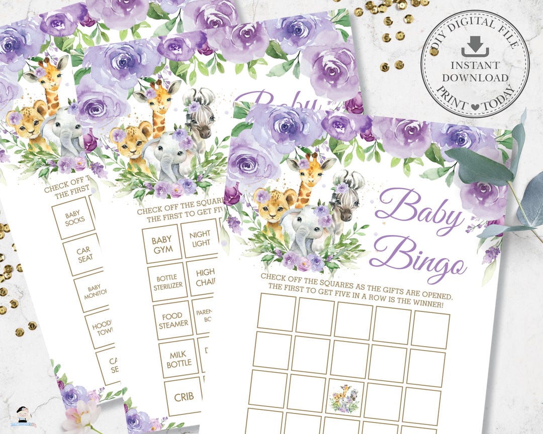 Jungle Animals Baby Bingo, INSTANT DOWNLOAD, Pre-filled Purple Floral ...