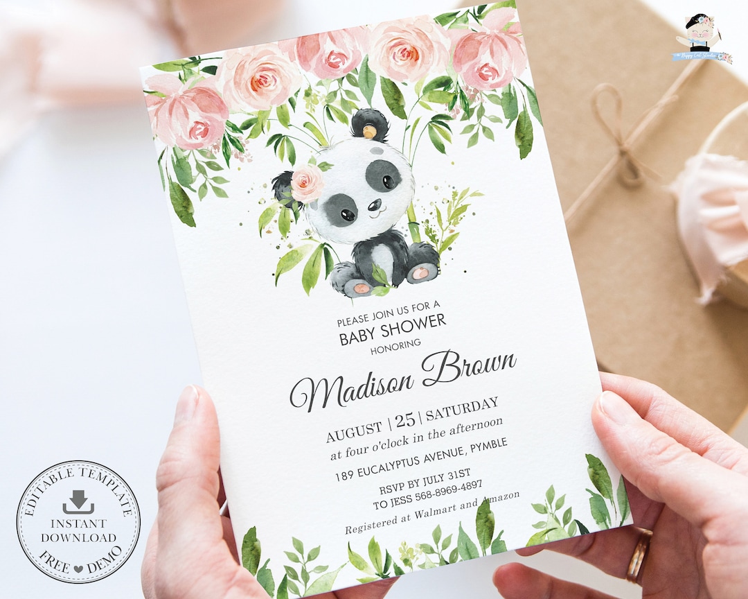 Cute Panda Pink Floral Greenery Invitation EDITABLE TEMPLATE, Adorable ...