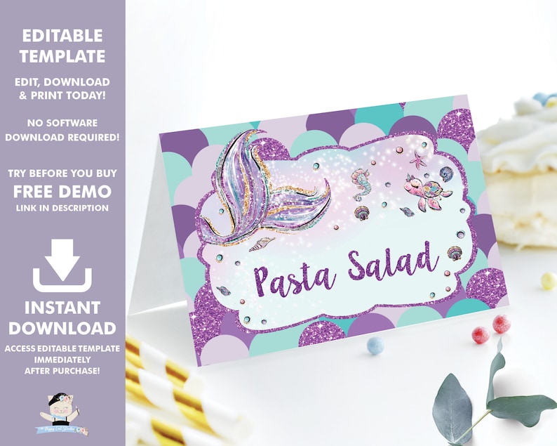 EDITABLE TEMPLATE Mermaid Tail Food Tents, Food Labels, Place Cards ...