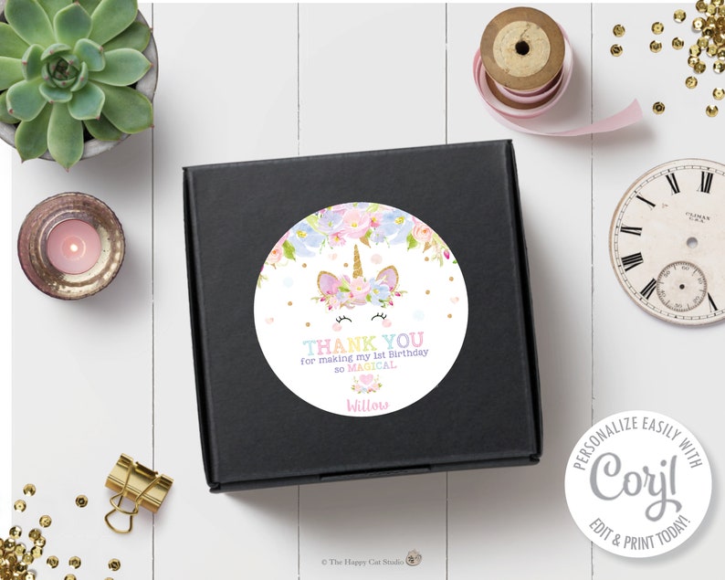 Unicorn 2" Round Labels, EDITABLE TEMPLATE, Pink Floral Circle Cupcake ...