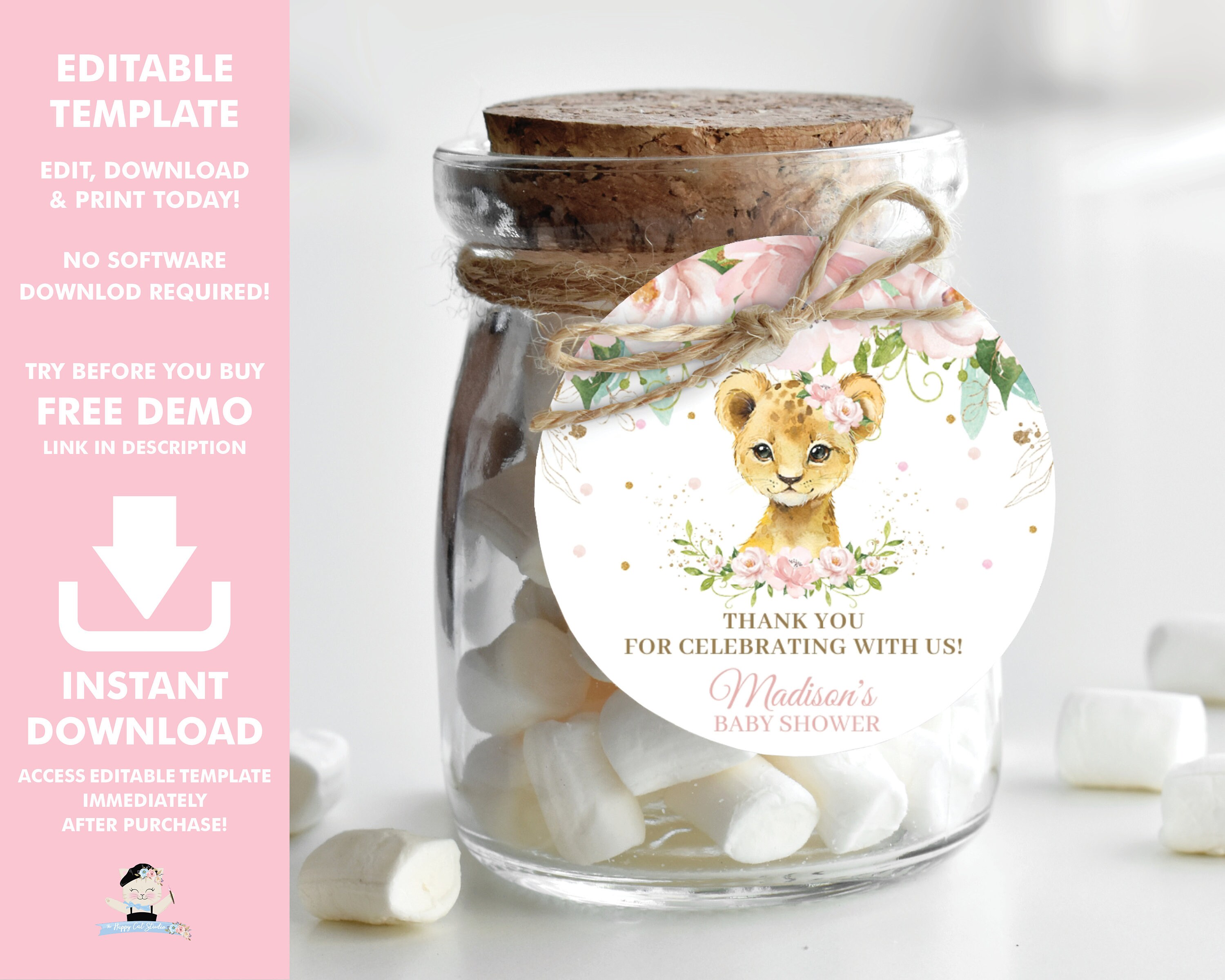 EDITABLE TEMPLATE Lion Cub Pink Floral 2" Circle Tags, Jungle Animals ...