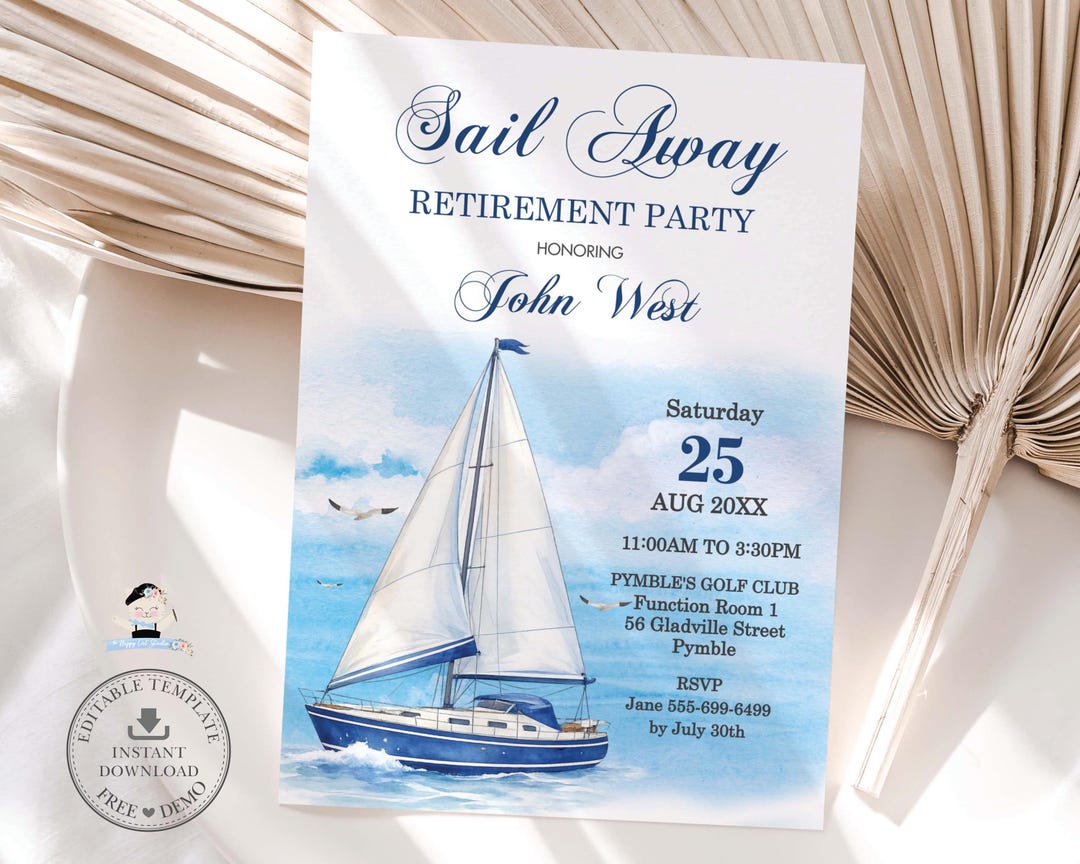 Sail Away Retirement Party Invitation, EDITABLE TEMPLATE, Nautical Blue ...