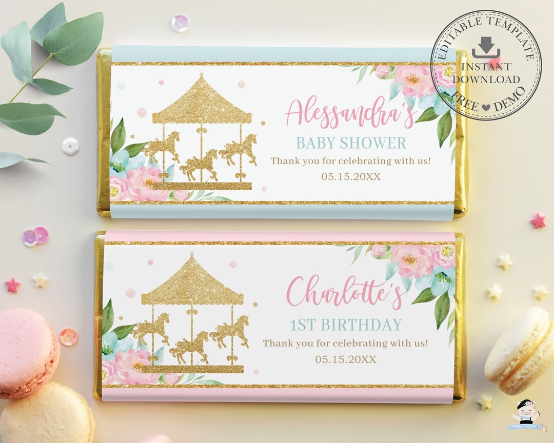 Pink Mint Green Floral Carousel Chocolate Bar Wrappers EDITABLE ...