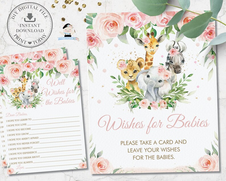 Jungle Animals Wishes for Babies Card and Sign Pink Floral - Etsy