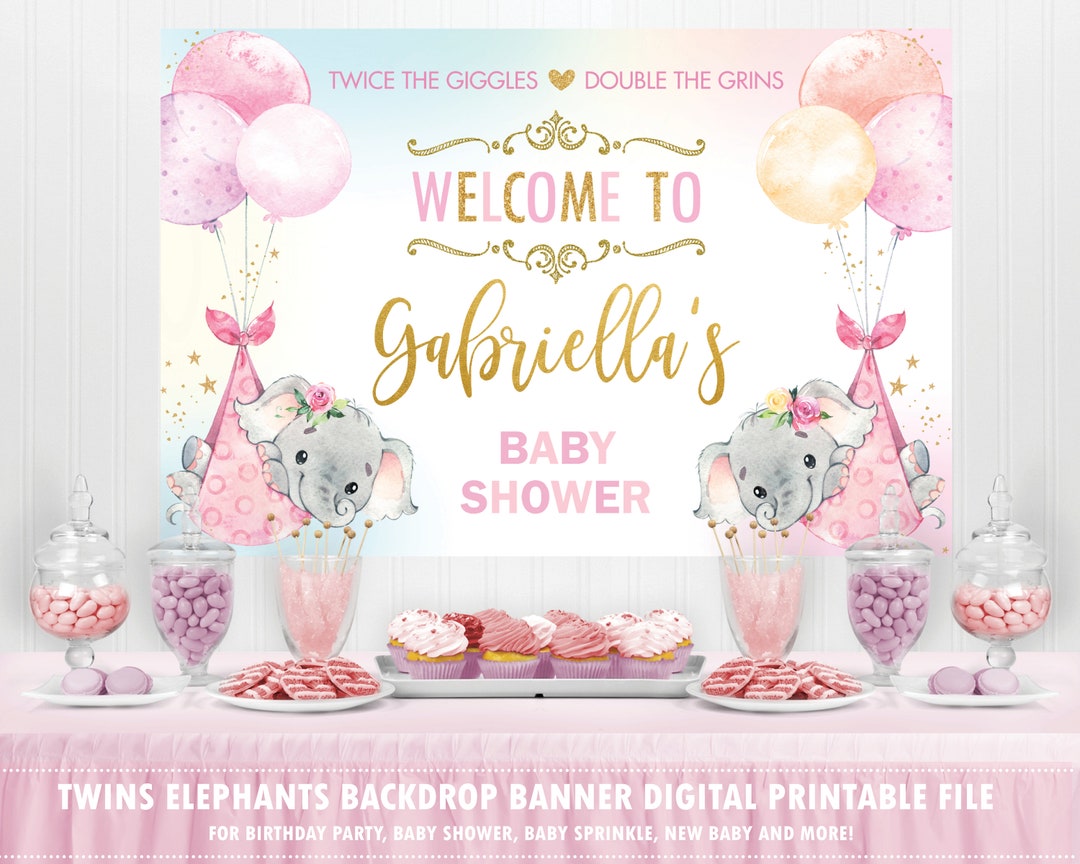 Cute Twins Elephants Pink Balloons Baby Shower Backdrop Banner Welcome ...