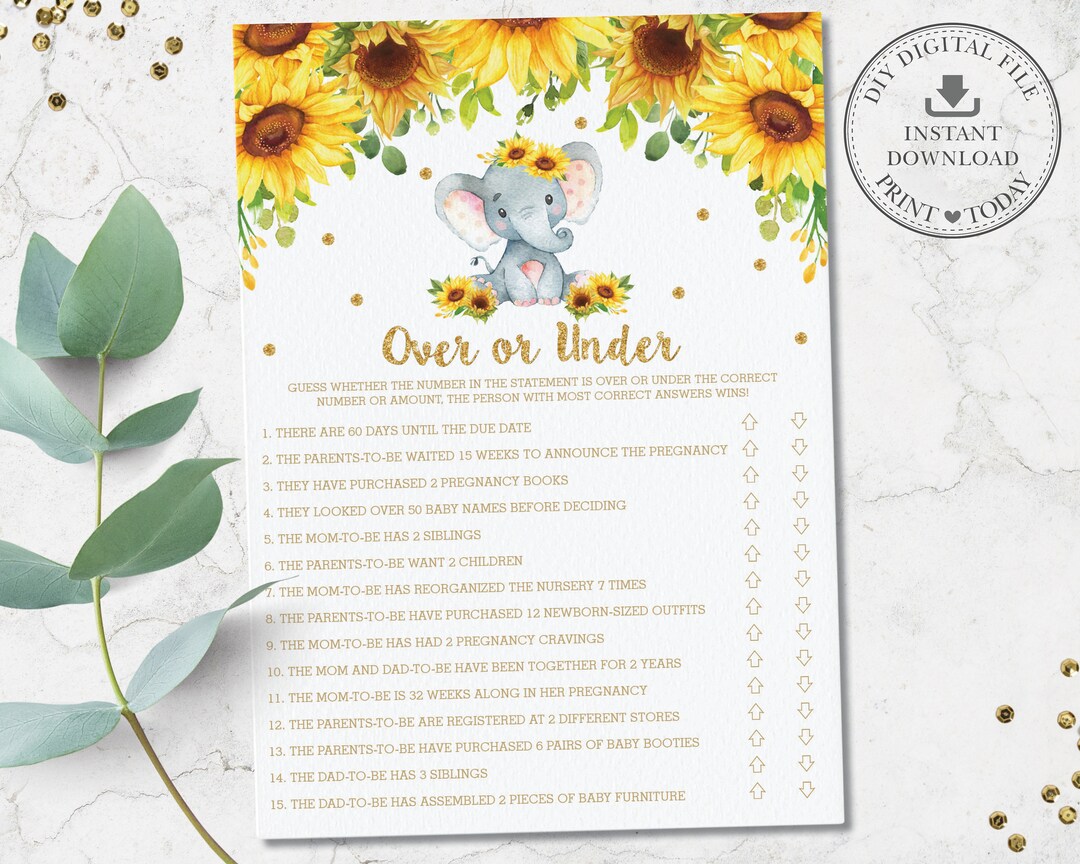 Elephant Over or Under Quiz, INSTANT DOWNLOAD, Rustic Chic Floral ...