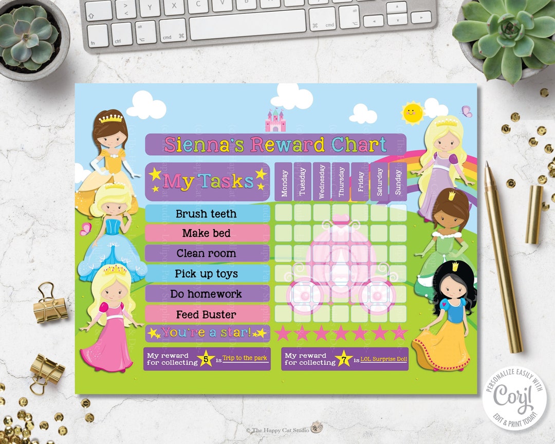Princess Reward Chart, Digital Printable, EDITABLE Template, Chore ...