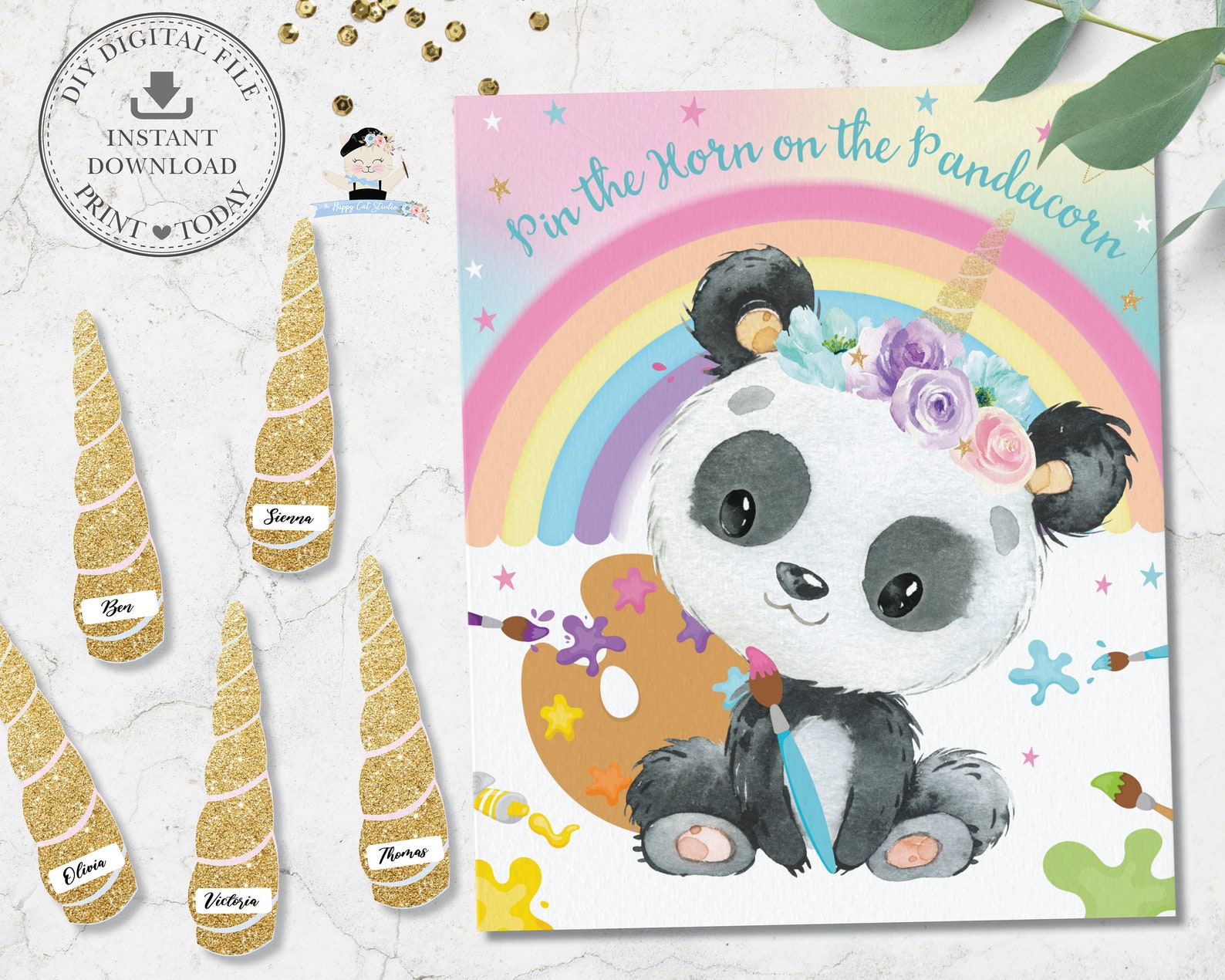 Pin the Horn on the Pandacorn Game, Cute Rainbow Panda Fun Art Paint ...
