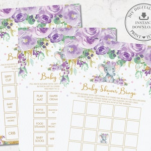 Elephant Baby Bingo, INSTANT DOWNLOAD, Pre-filled, Chic Purple Floral ...