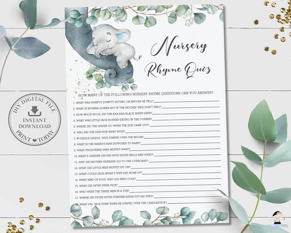 Nursery Rhyme Quiz, INSTANT DOWNLOAD, Guess Songs Greenery Cute ...