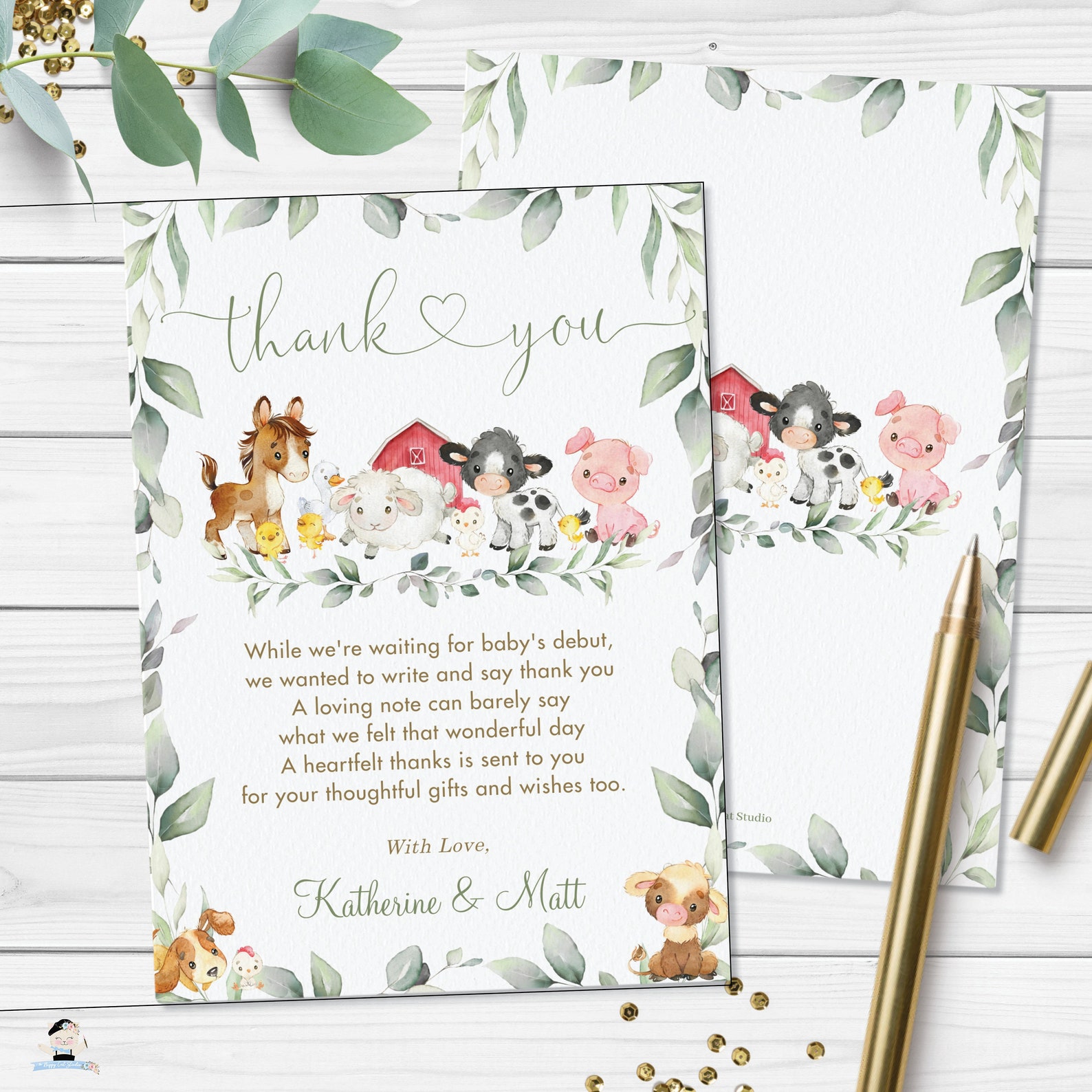 Farm Animals Thank You Note Card EDITABLE TEMPLATE Greenery | Etsy