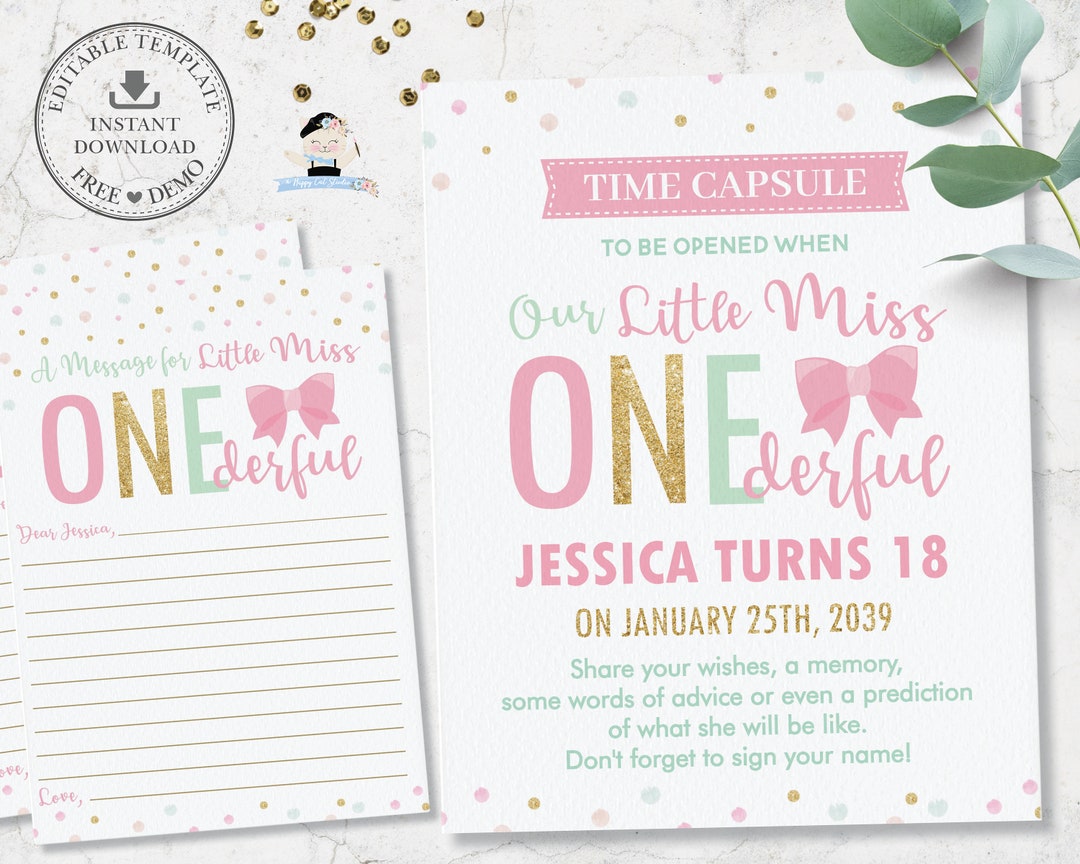 Little Miss Onederful Time Capsule Sign Message Card, EDITABLE TEMPLATE ...