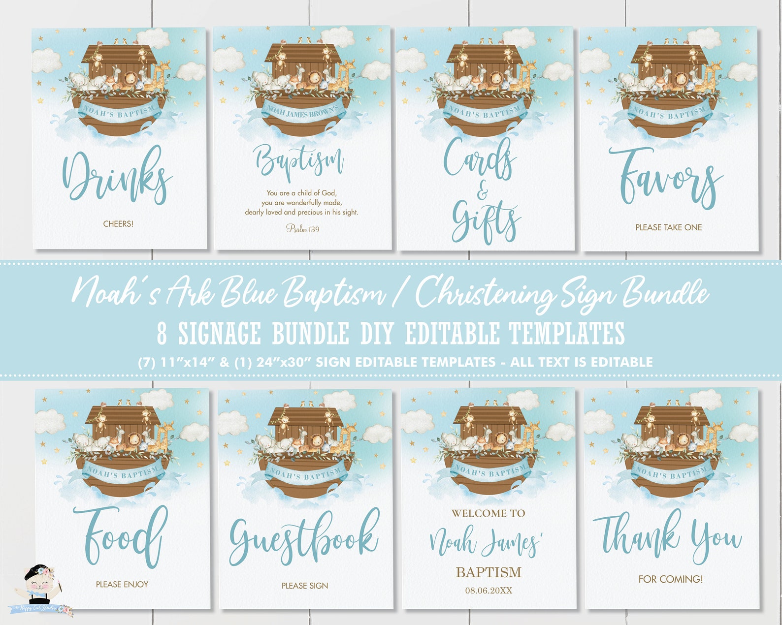 Noah's Ark Blue Baptism Christening Tabletop Signs Bundle, EDITABLE ...