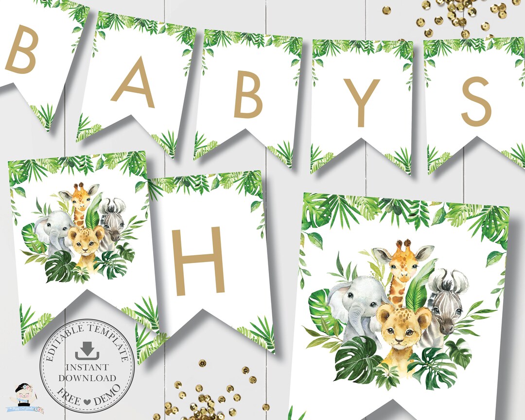 Jungle Animals Flag Banner, EDITABLE TEMPLATE, Greenery Safari Elephant ...