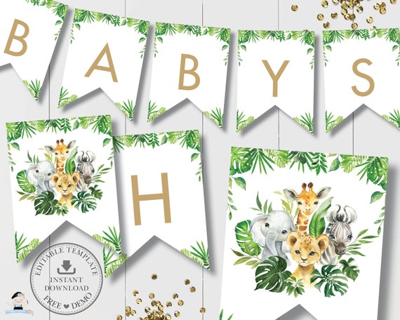 Jungle Animals Flag Banner EDITABLE TEMPLATE Greenery Safari | Etsy