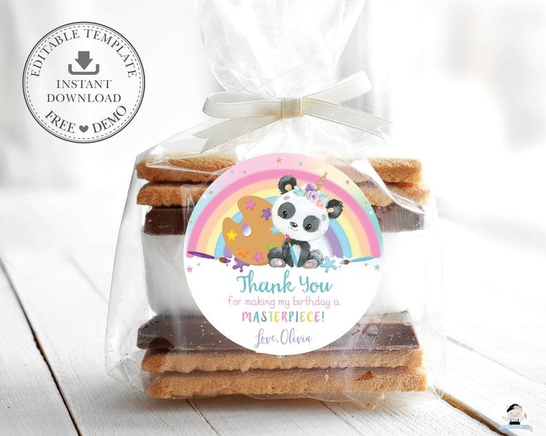 EDITABLE TEMPLATE, Pandacorn Art Party 2" Circle Label, Rainbow Panda ...